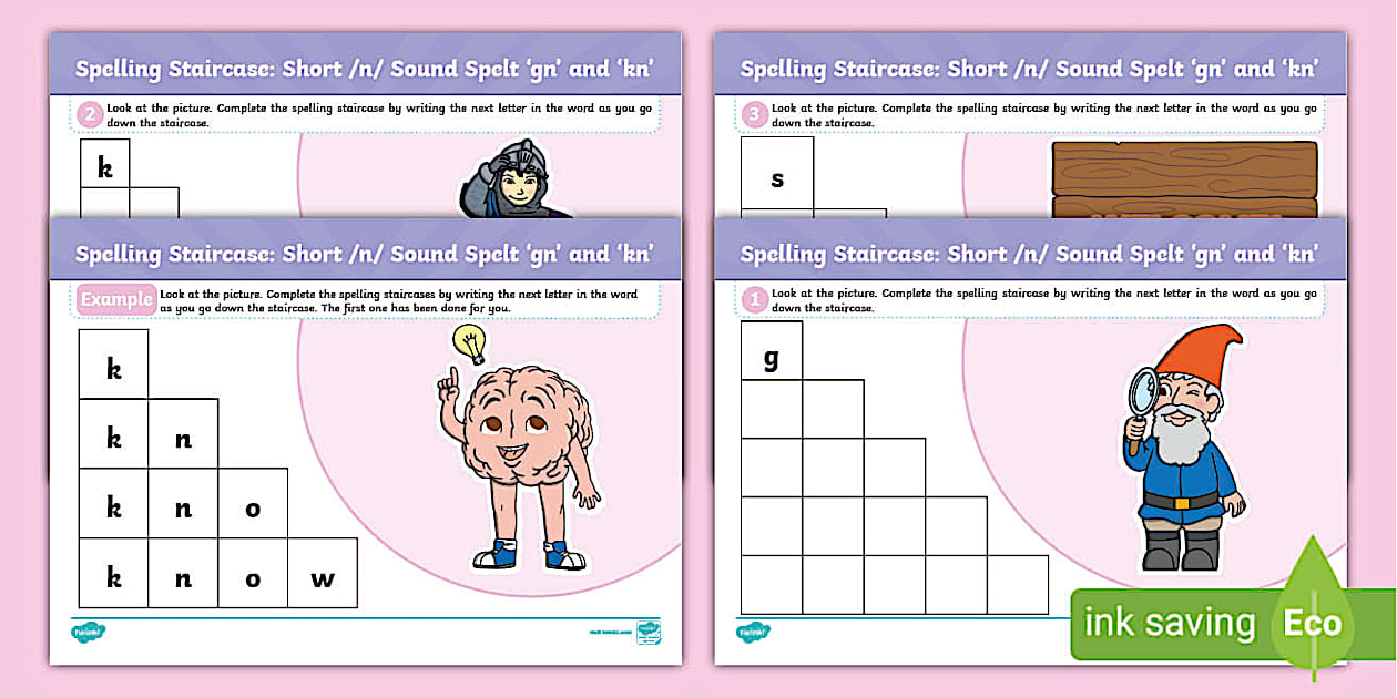 KS1 Spelling Staircase Short /n/ Sound Spelt 'gn' and 'kn'