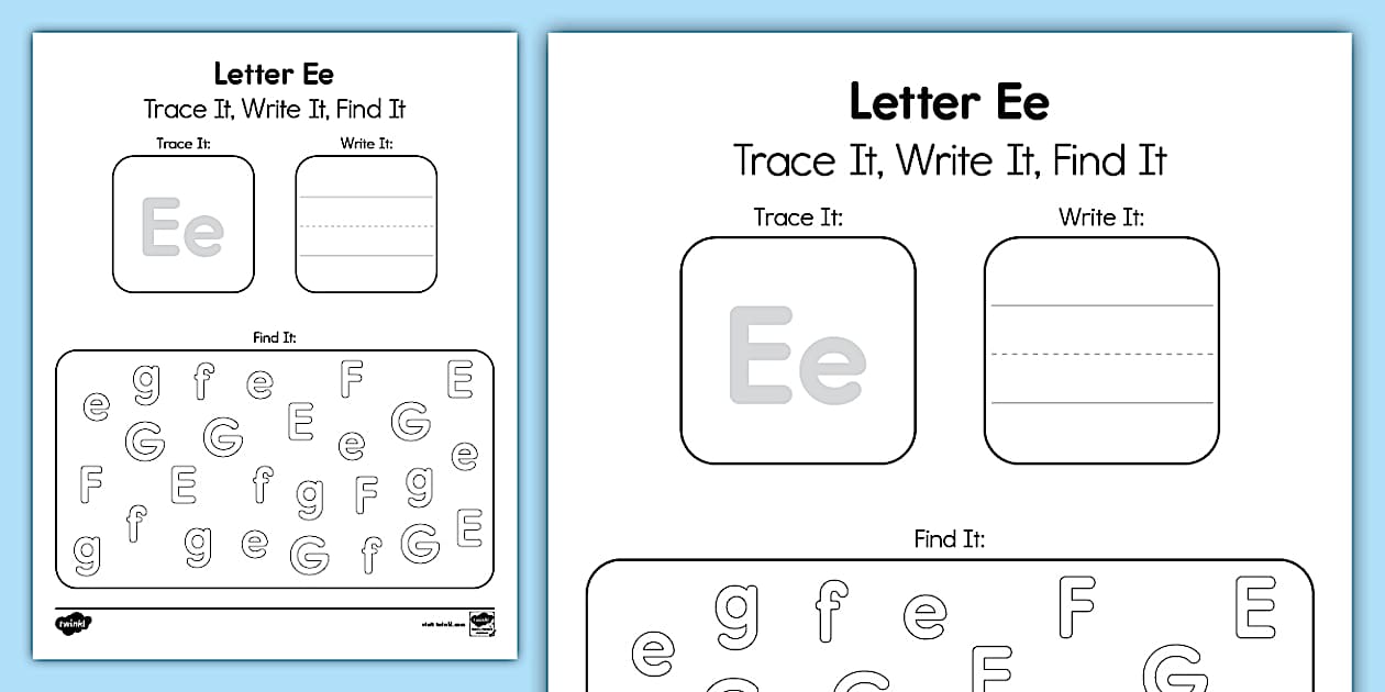 Letter Ee Trace It, Write It, Find It Worksheet for PreK-K