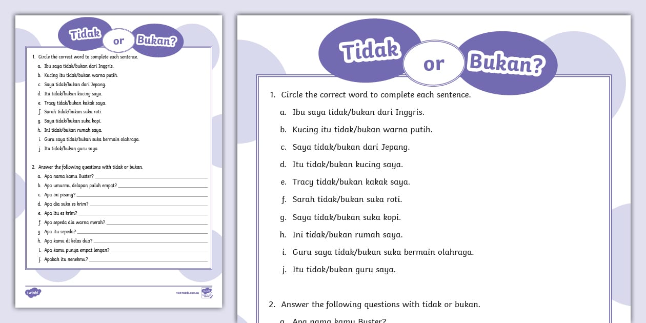 Tidak or Bukan Activity - Indonesian (teacher made) - Twinkl