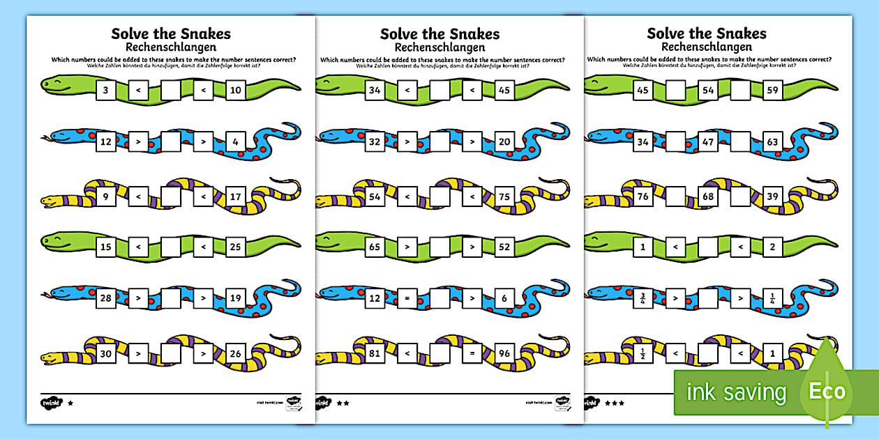 Solve the Snakes Maths Worksheet / Worksheets English/German
