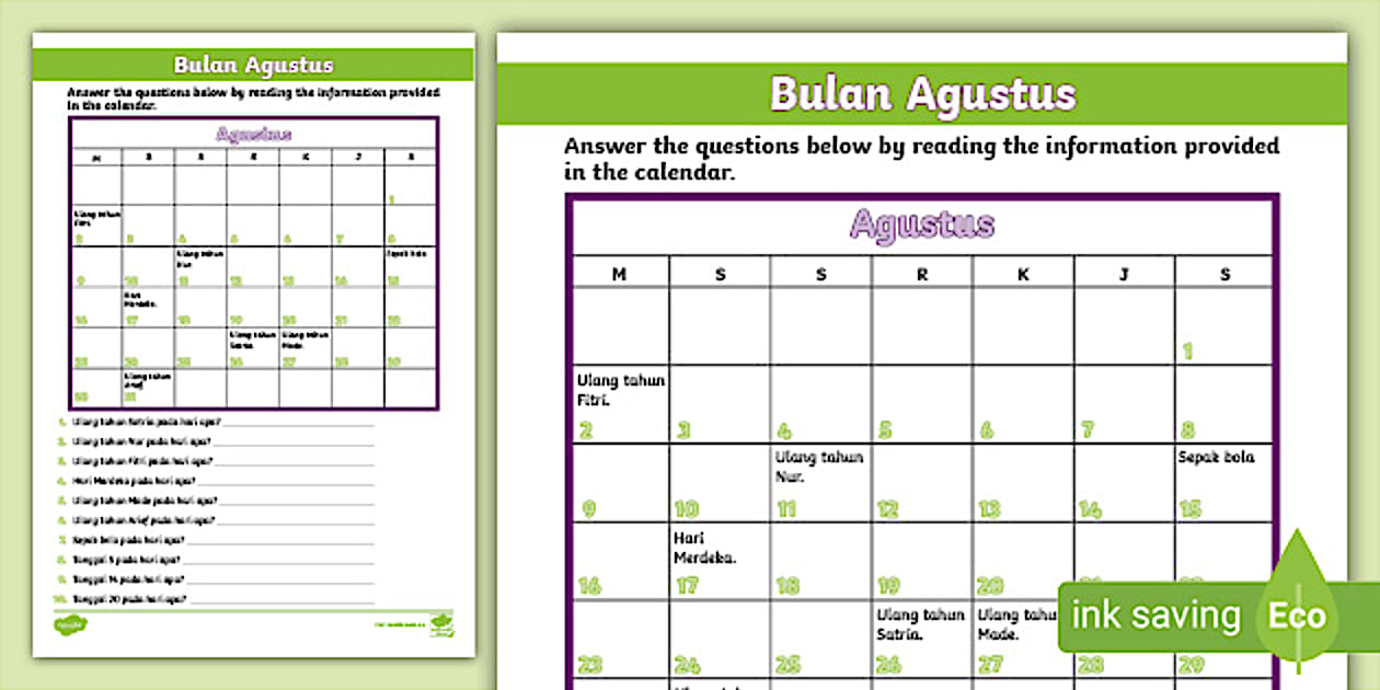 Days of the Week Calendar Activity Indonesian (teacher made)