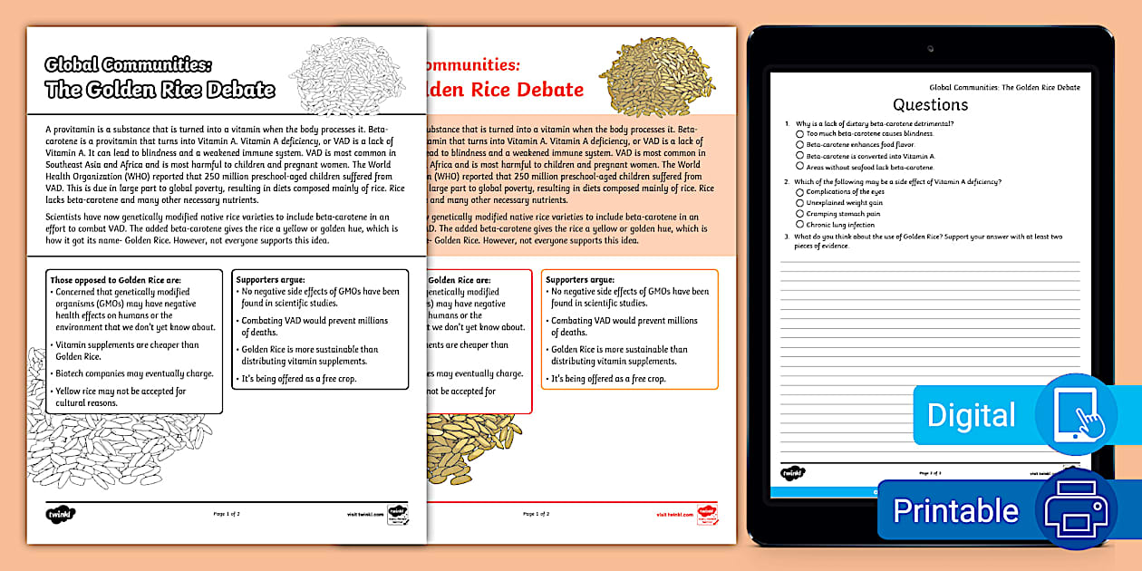 6th Gr Golden Rice Debate Reading Passage Comprehension Worksheet
