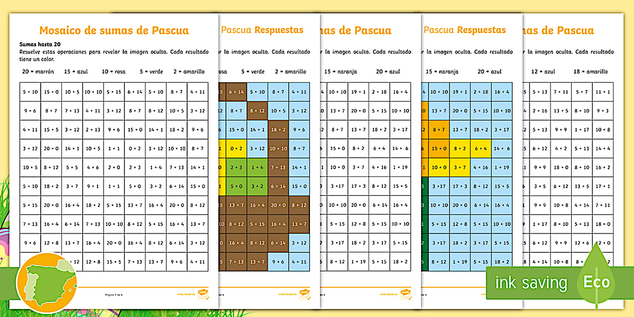 Ficha de actividad: Mosaico de sumas de Pascua hasta 20
