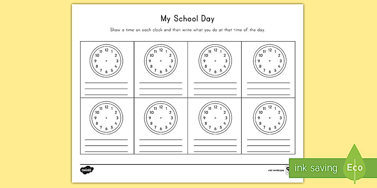 My School Day Schedule Write the Time Worksheet - Twinkl