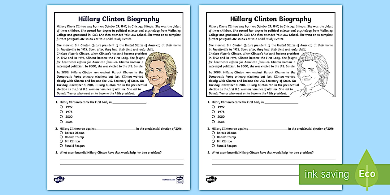 Fifth Grade Hillary Clinton Biography Reading Passage Comprehension ...