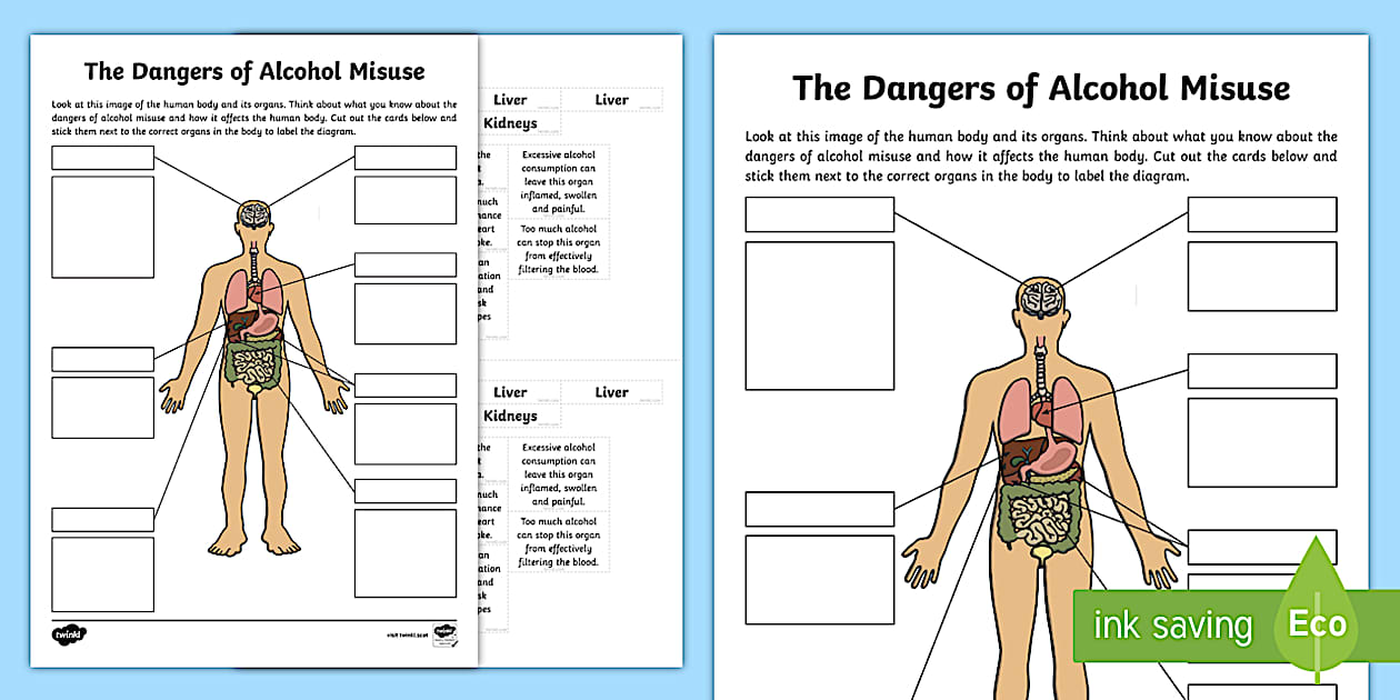 CfE (Second) The Dangers of Alcohol Misuse Labelling Worksheet / Worksheet