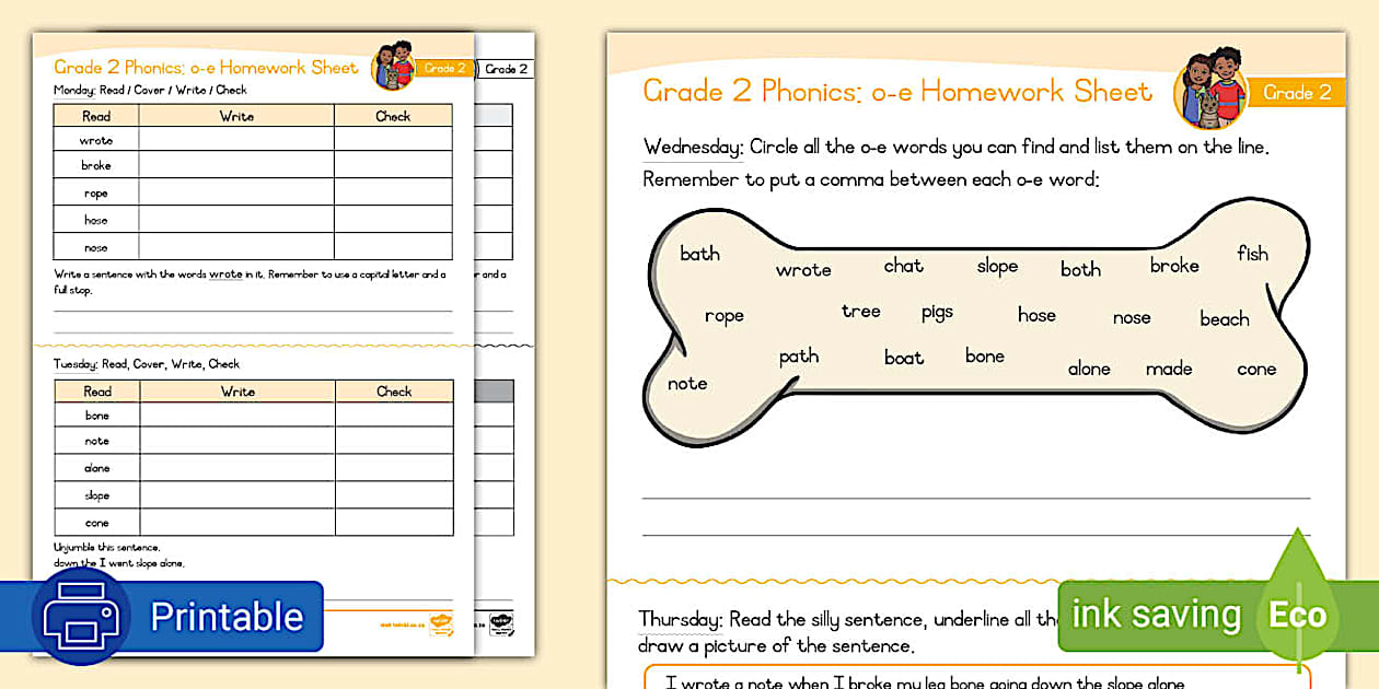 Grade 2 Phonics: o_e Homework Sheet (teacher made) - Twinkl