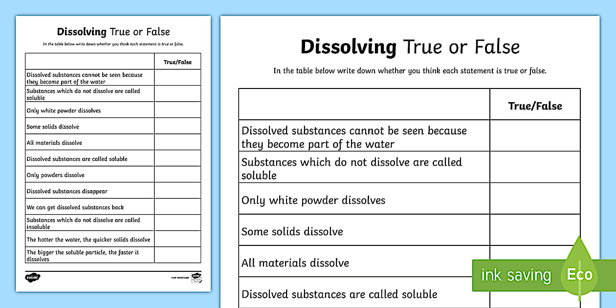Editable Dissolving True or False Worksheet - Twinkl