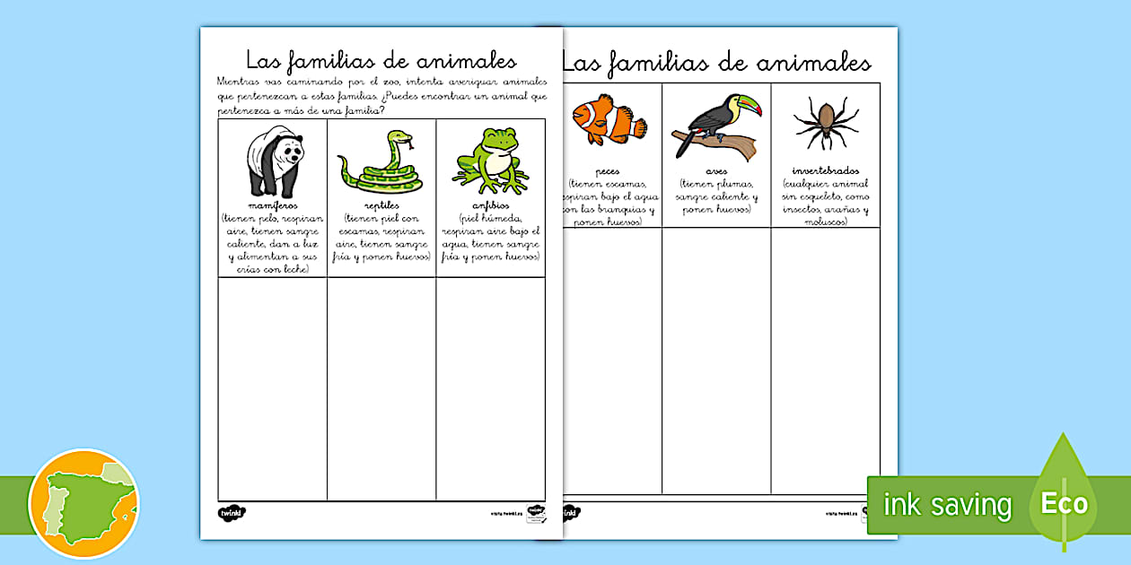Ficha de actividad: Las familias de animales - Twinkl