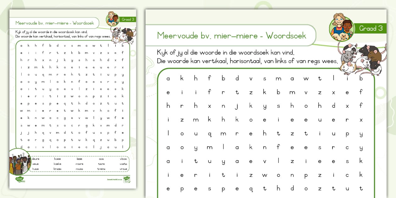 Graad 3 Klanke: Meervoude mier - miere Woordsoek - Twinkl