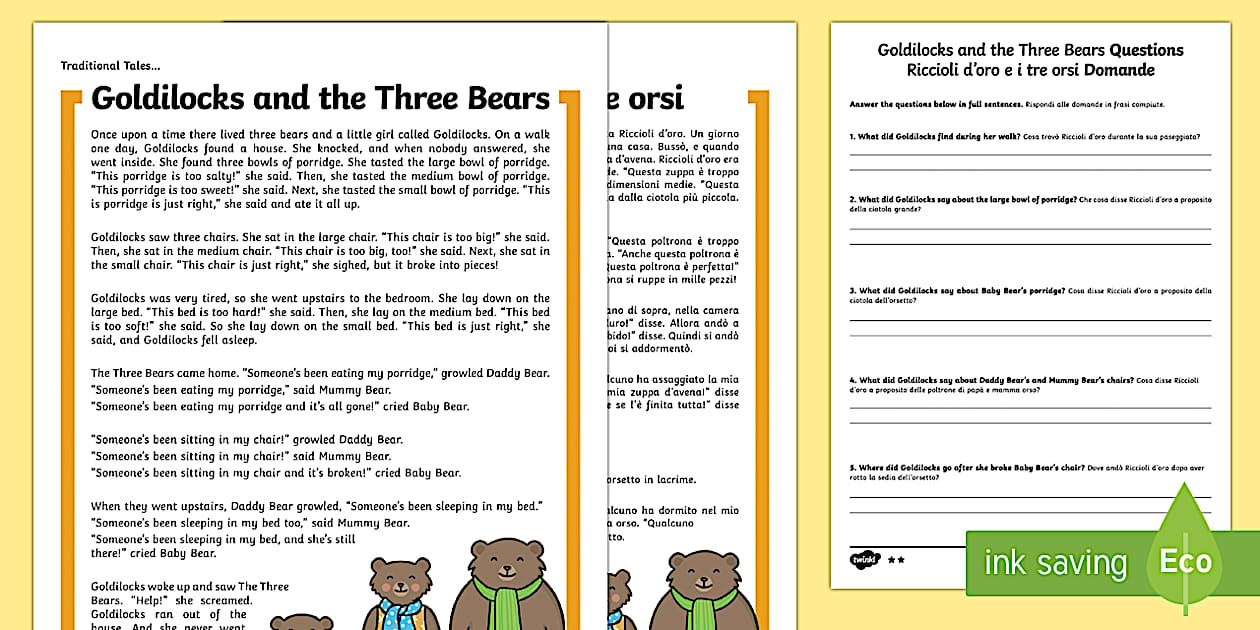 Lower Ability Goldilocks and the Three Bears Differentiated Reading