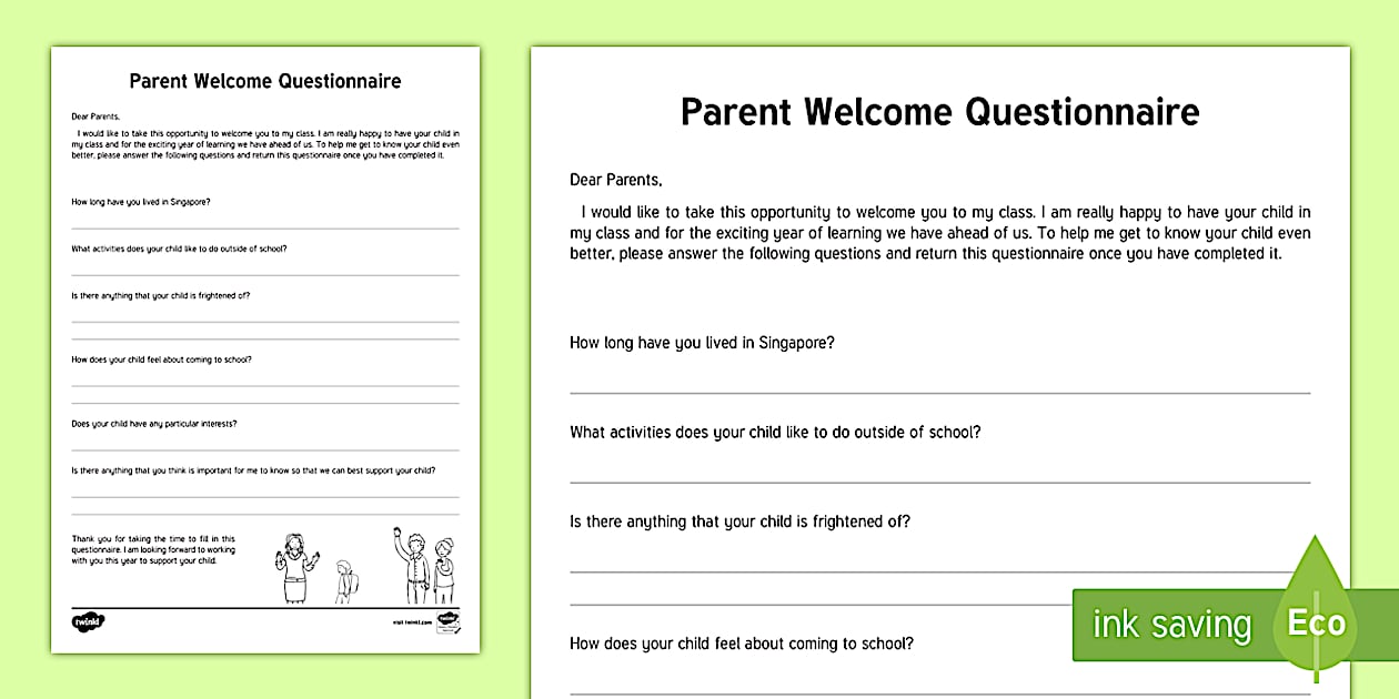 Parent Welcome Questionnaire Transition Sheet - Twinkl