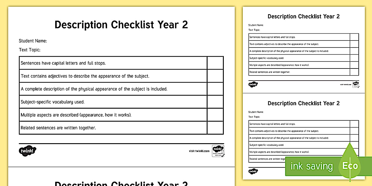 Year 2 Description Checklist (Teacher-Made) - Twinkl