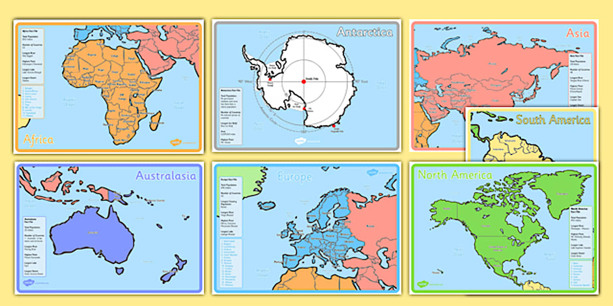 Geography Continents of the World Fact File Display Posters