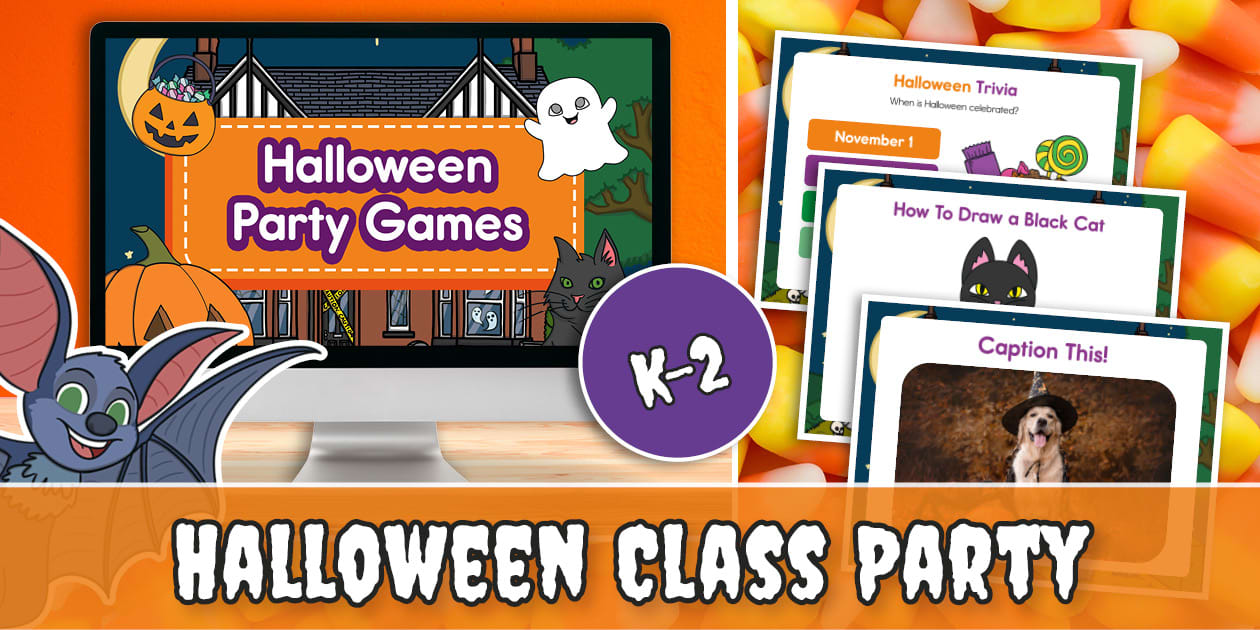 Halloween Class Party Games PowerPoint & Google Slides for K-2nd Grade