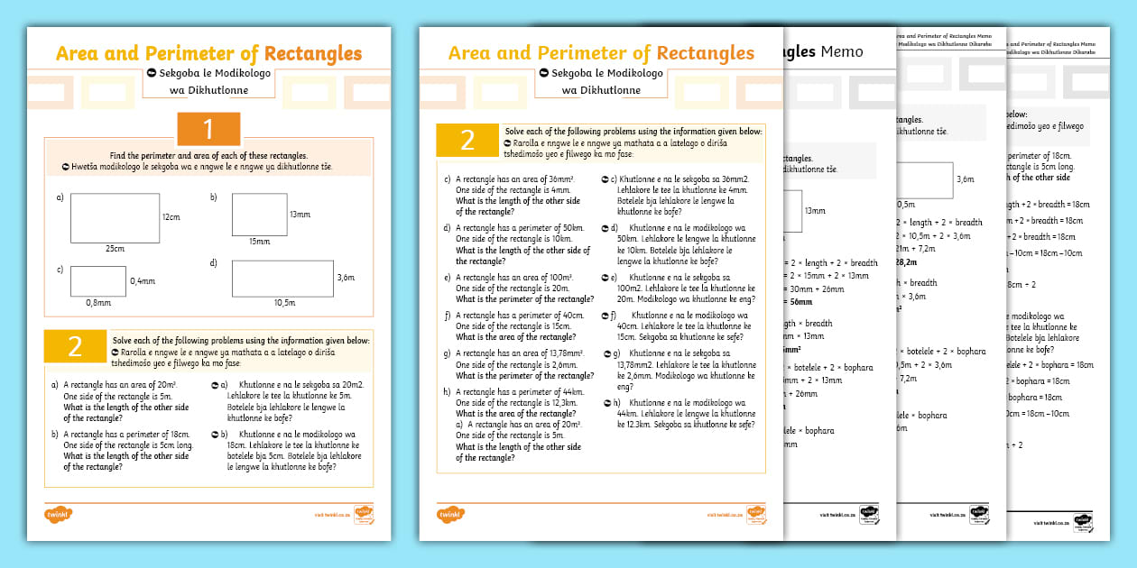 Area and Perimeter of Rectangles Activity Sheet Sepedi