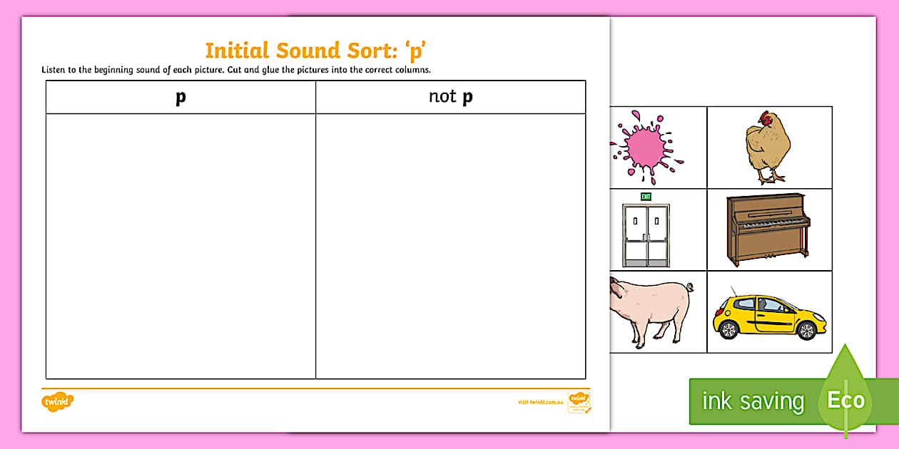 TAS Initial Sound Sort 'p' Cut and Glue Worksheet - Twinkl