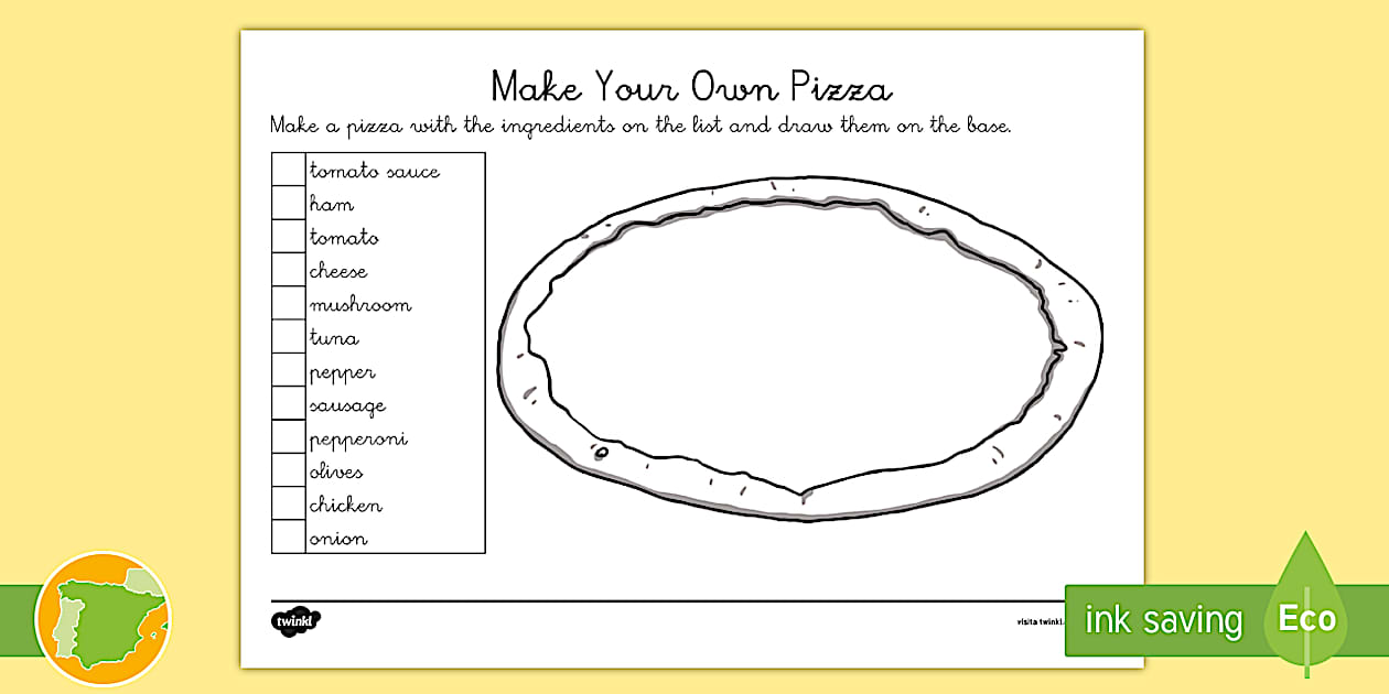 A1 Ficha de actividad: Diseña una pizza - Inglés - Twinkl