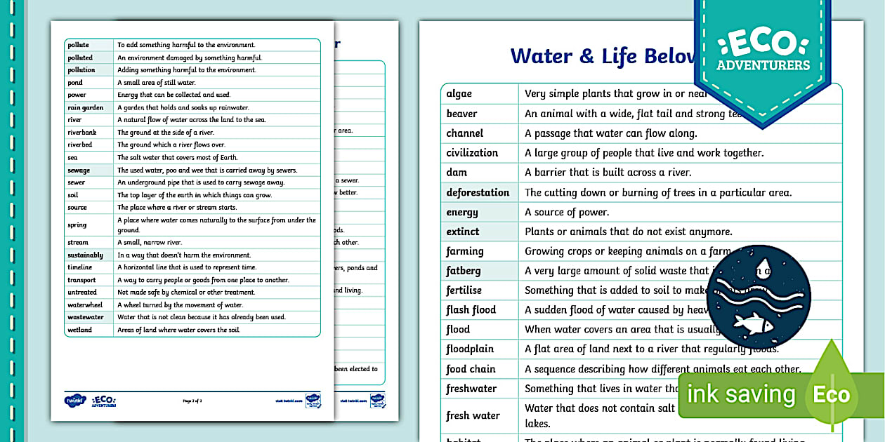 Year 2 Water & Life Below Water: Glossary (teacher made)