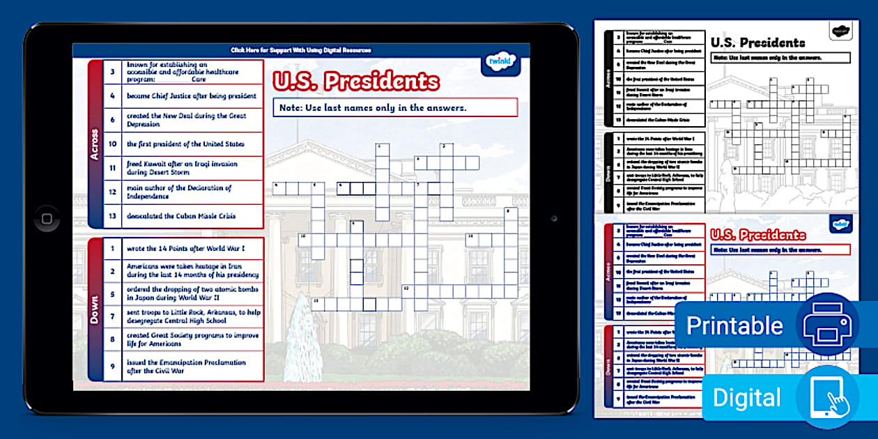 U.S. Presidents Crossword Puzzle for 6th-8th Grade - Twinkl