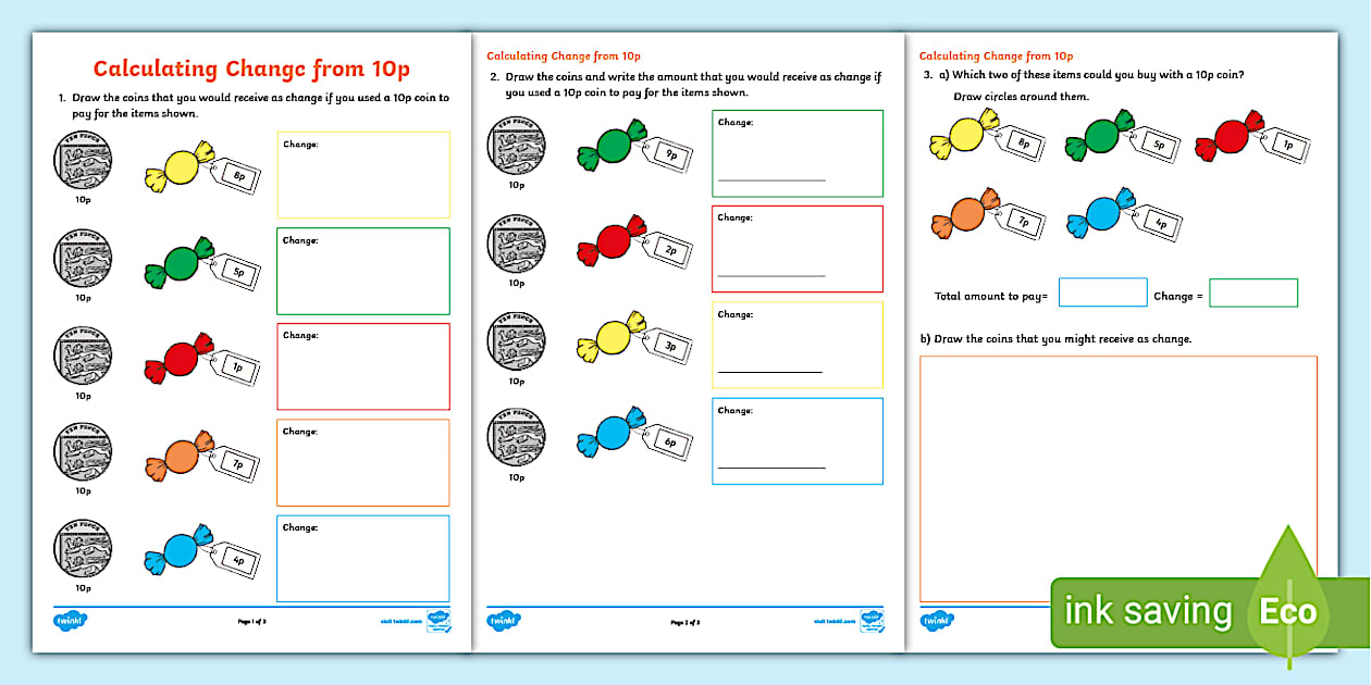 👉 Calculating Change from 10p Activity Sheet - Twinkl