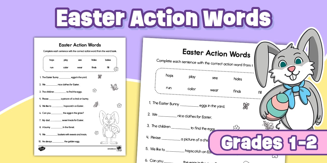 Easter Action Words Worksheet for 1st-2nd Grade