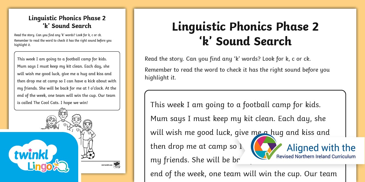 Linguistic Phonics Phase 2 ‘k’ Sound Search Activity Sheet