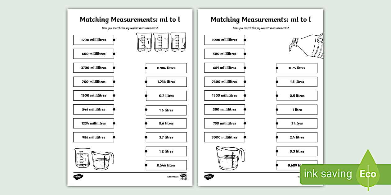 👉 Matching Measurements: ml to l,ml to l (teacher made)