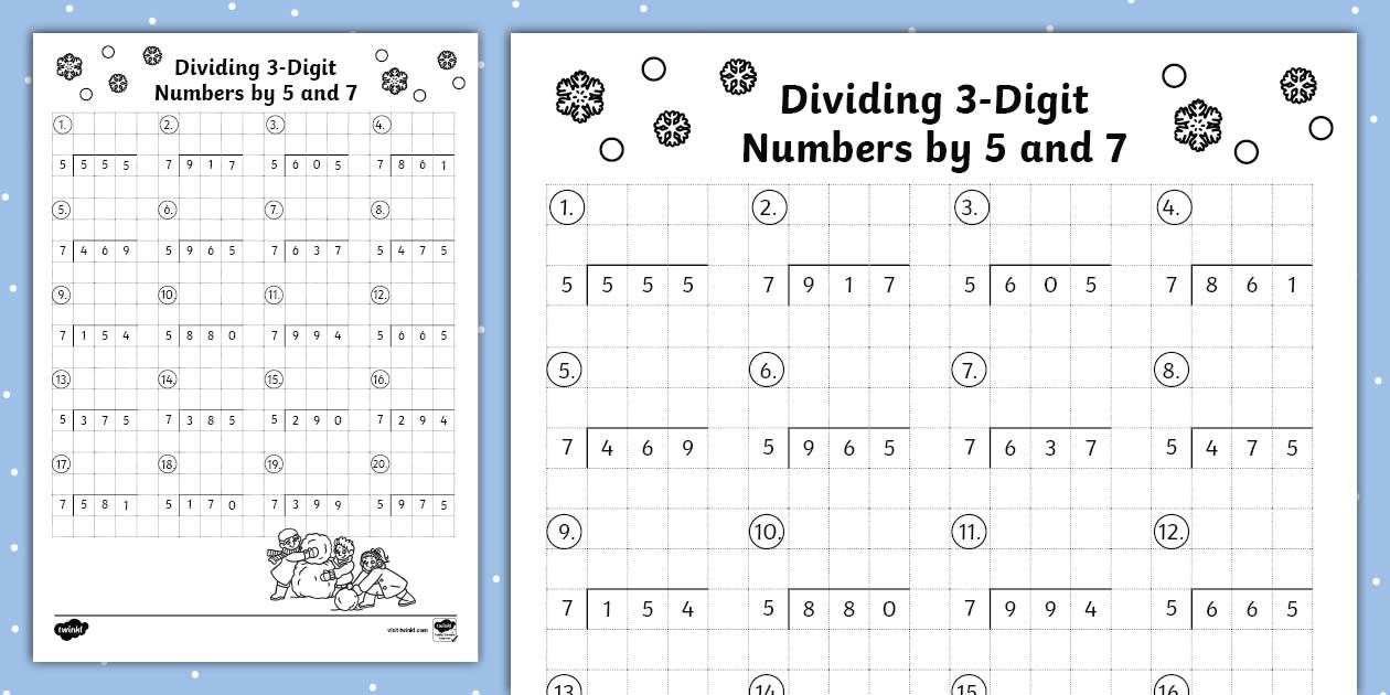 Winter-Themed Dividing 3-Digit Numbers by 5 and 7 - Twinkl