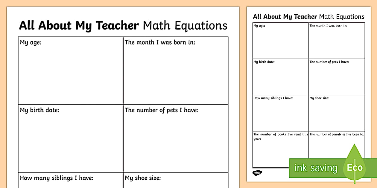All About My Teacher Math Equations Worksheet / Worksheet