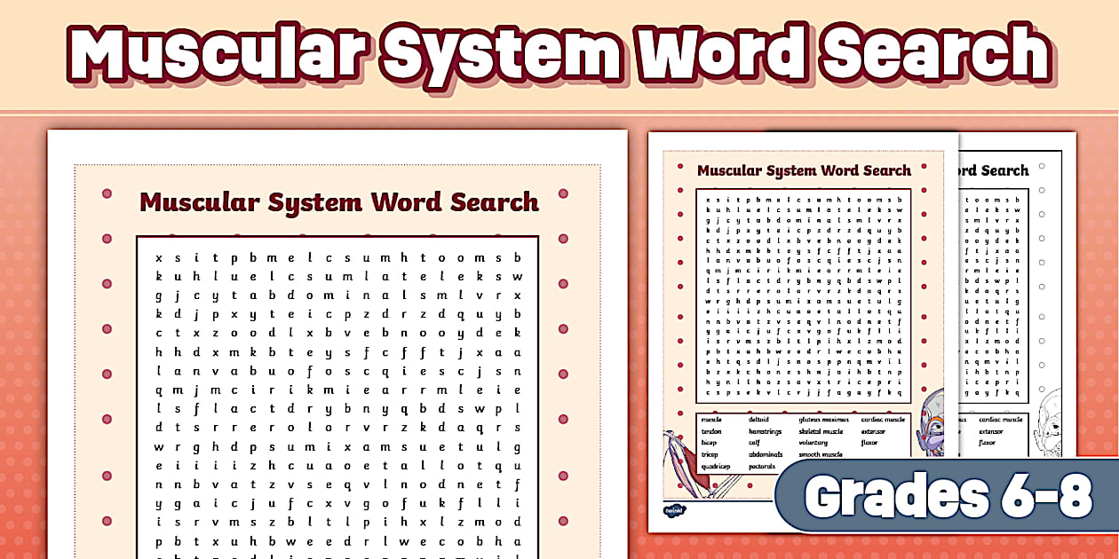 Muscular System Life Science Word Search for 6th-8th Grade