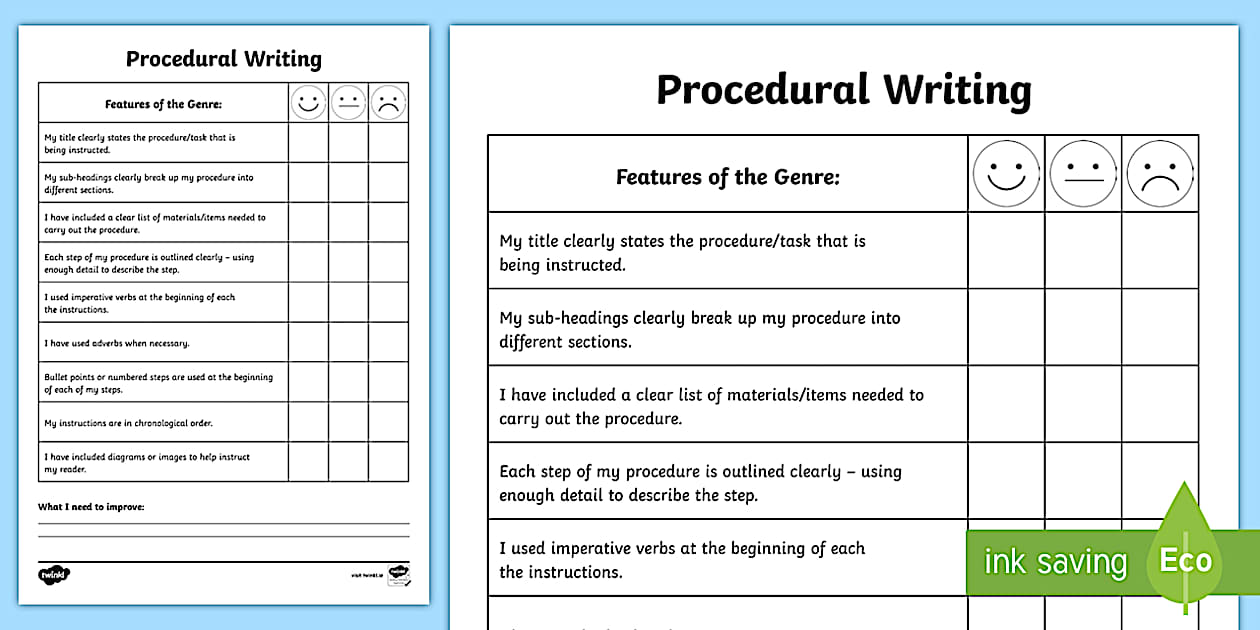Editable Procedural Writing Self Assessment Worksheet