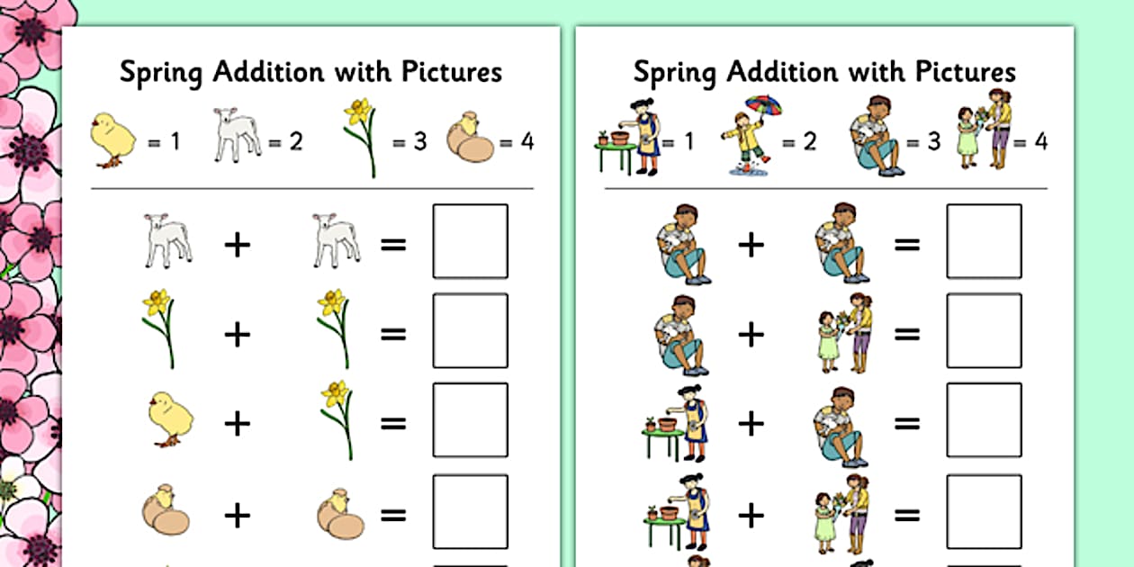 Spring Themed Addition with Pictures Worksheet / Worksheet Pack