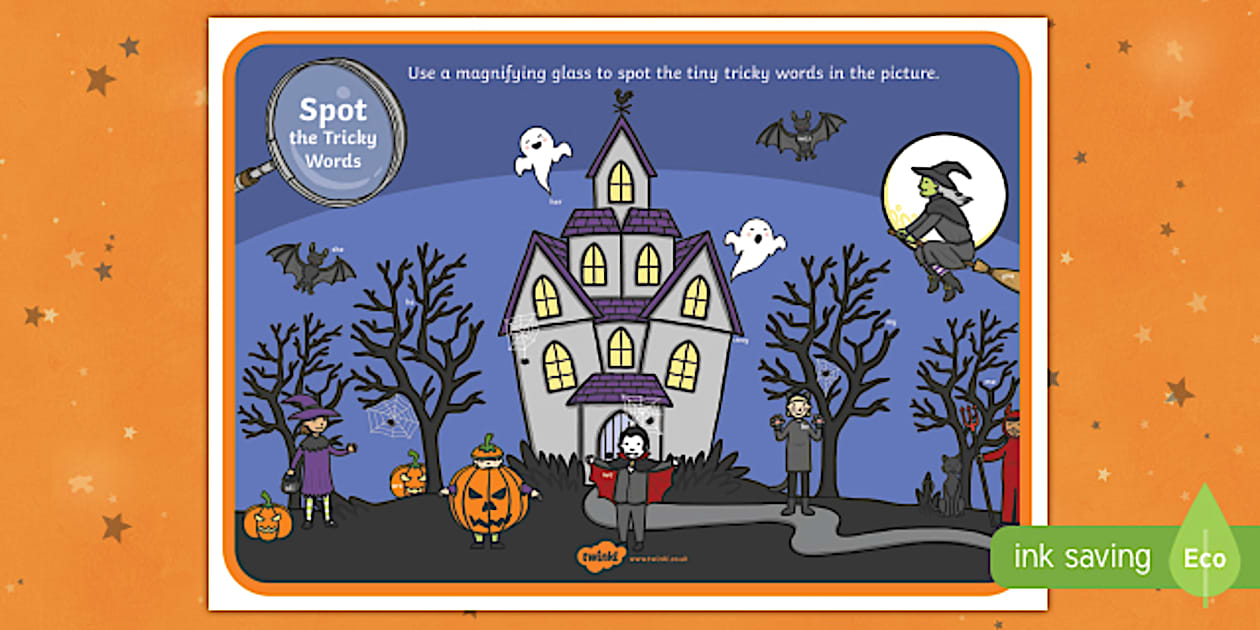 Editable Phase 3 Tricky Words Halloween Scene Magnifying Glass Activity