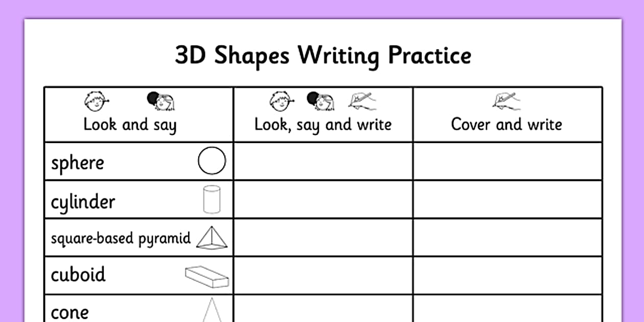 3D Shapes Writing Practice Worksheet (teacher made) - Twinkl