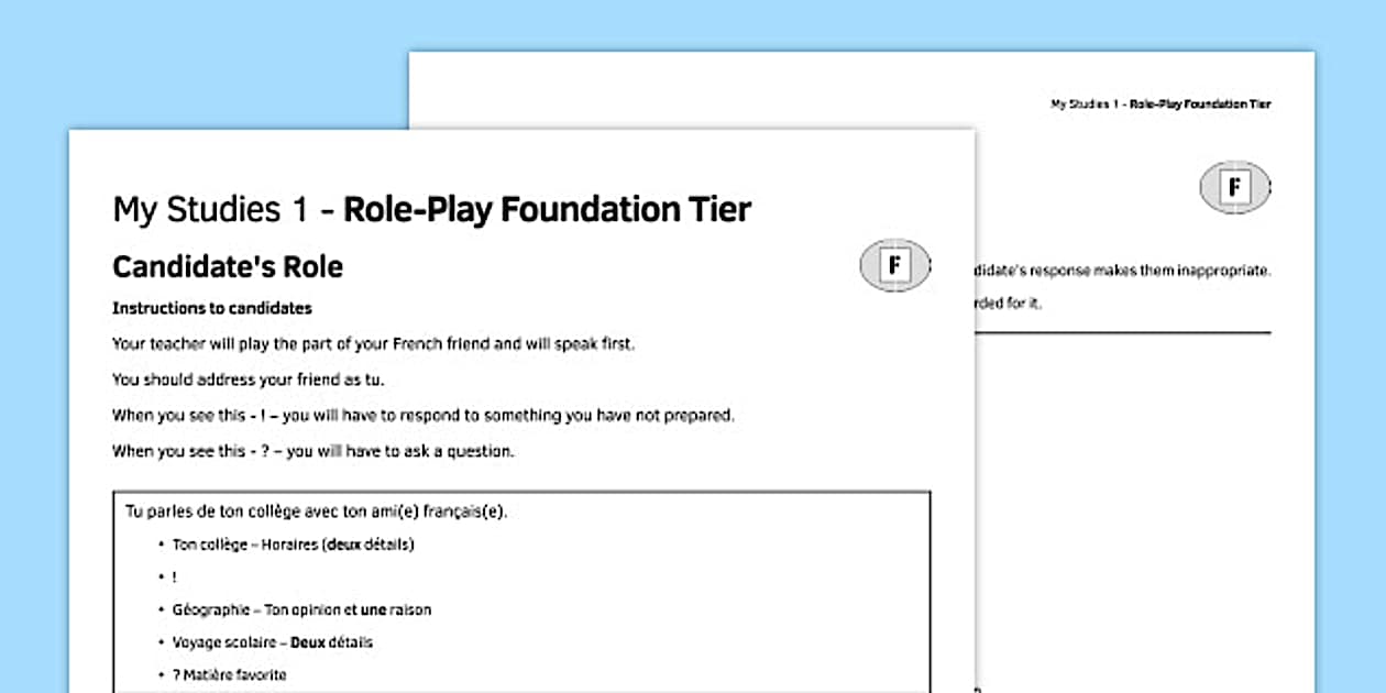 My Studies 1 GCSE Foundation Tier Role-Play French - Twinkl