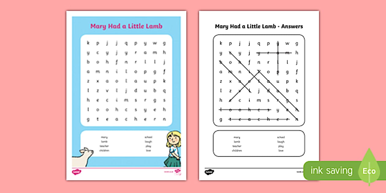 Black and White Mary Had a Little Lamb Word Search - Twinkl