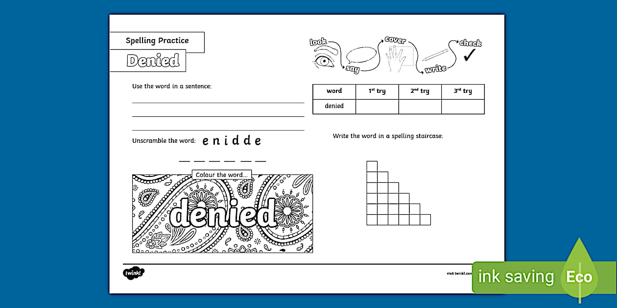 Denied Spelling Practice Worksheet (teacher made) - Twinkl