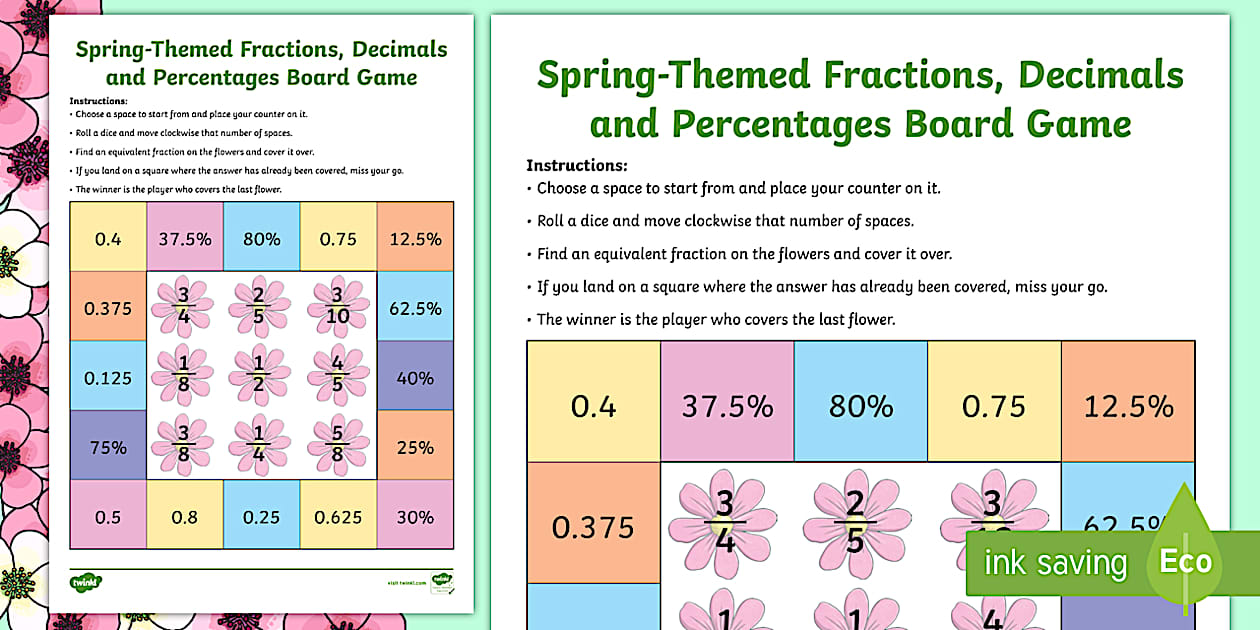 Spring Themed Fractions, Decimals and Percentages Board Game