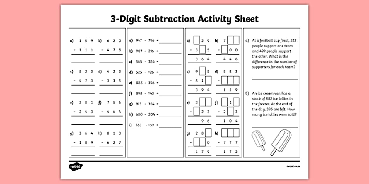 3-Digit Subtraction Activity - Addition and Subtraction