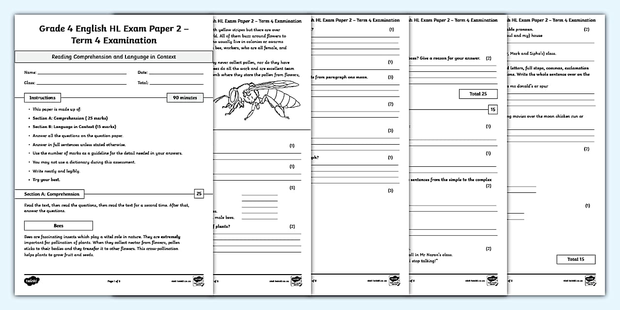 Grade 4 English HL Examination Paper 2 - Term 4 - Twinkl