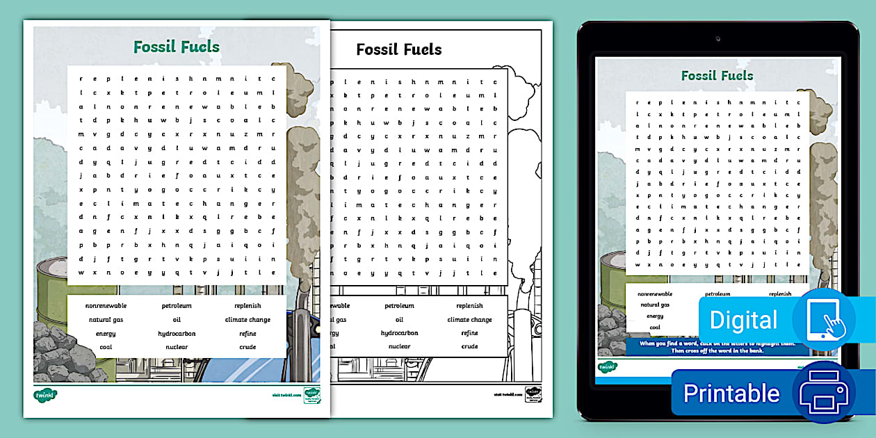 Fossil Fuels Word Search for 3rd-5th Grade (teacher made)