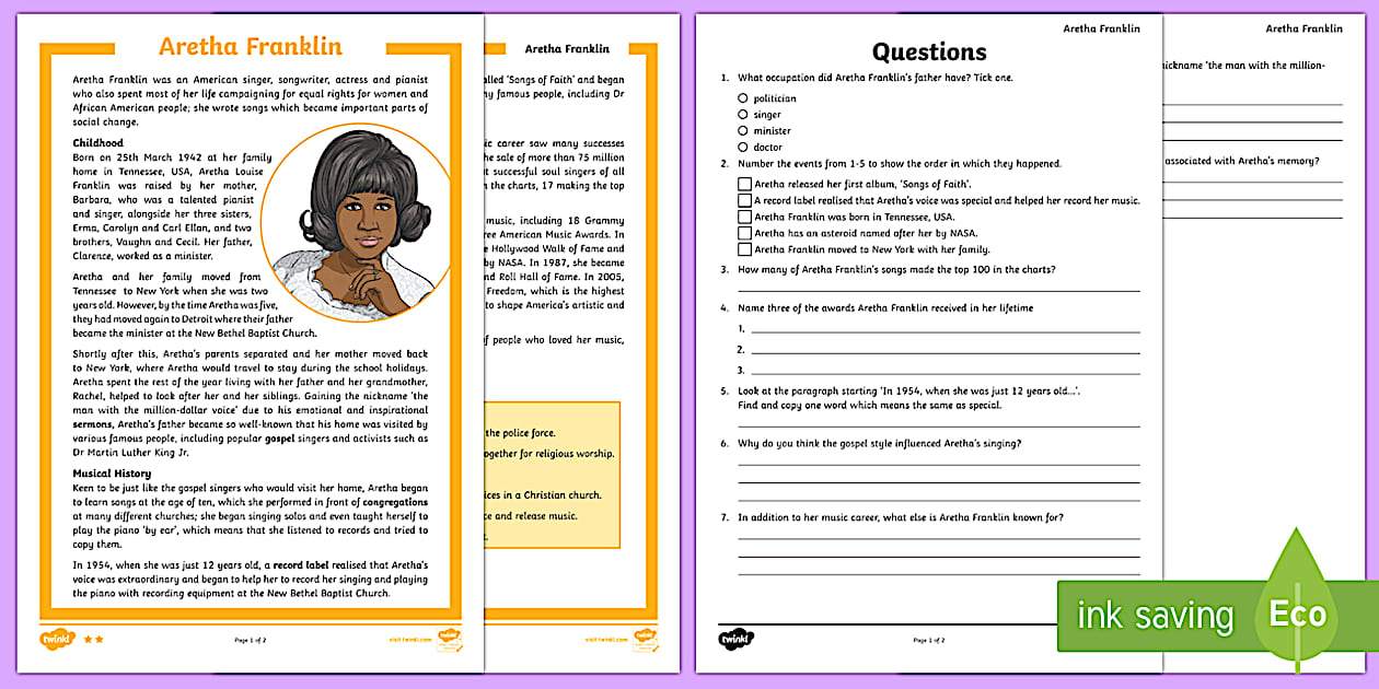 Lower Ability UKS2 Aretha Franklin Differentiated Reading Comprehension