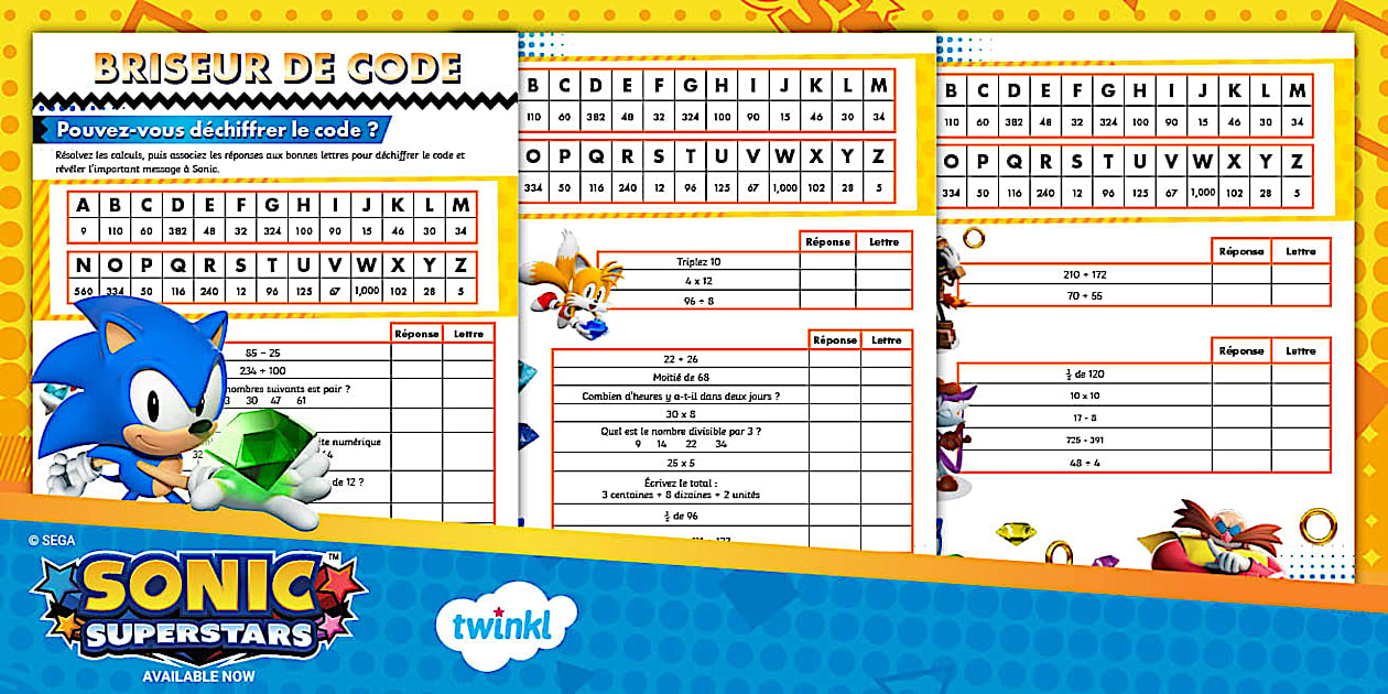 FREE! - Sonic: Math Codebreaker Activity for Grade 3-4 French
