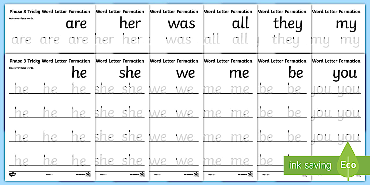 Phase 3 Tricky Words Letter Formation Worksheet - Twinkl