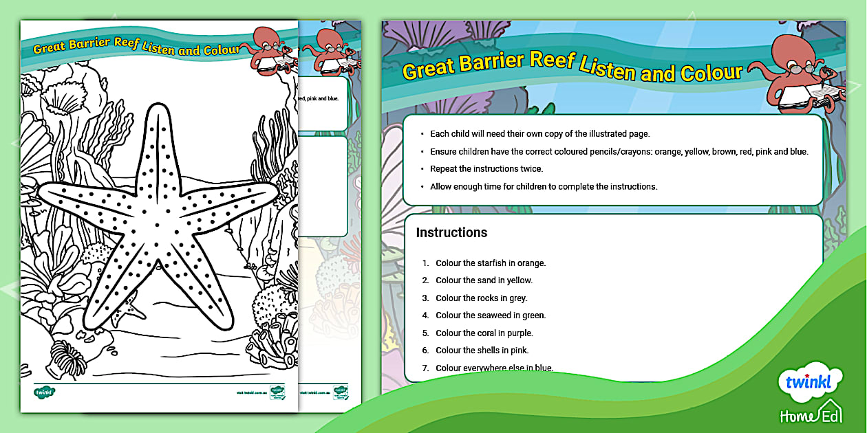 Great Barrier Reef Listen and Colour (teacher made) - Twinkl