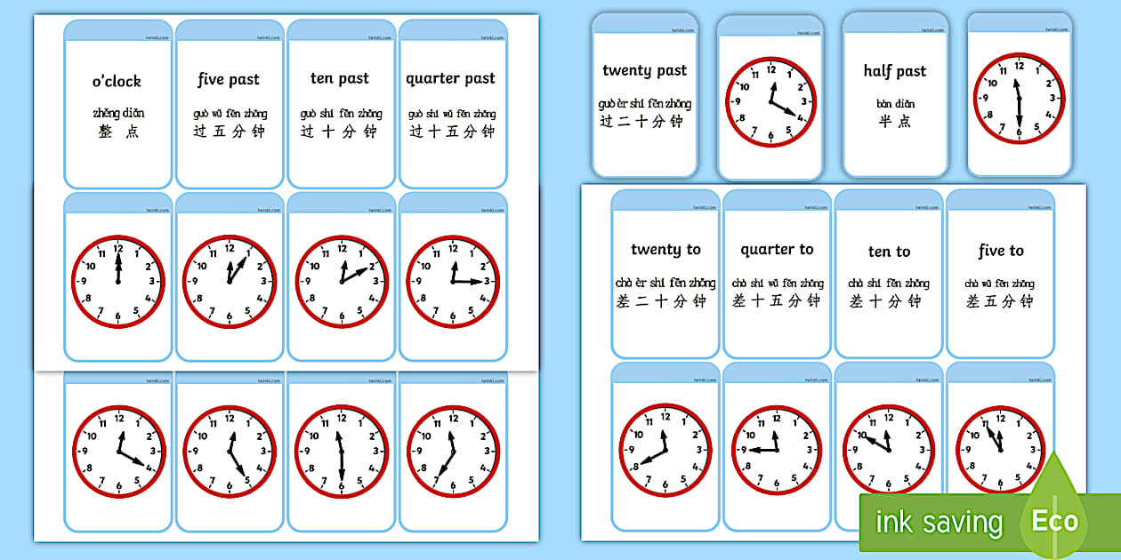 Telling The Time Matching Flashcards English/Mandarin Chinese/Pinyin ...