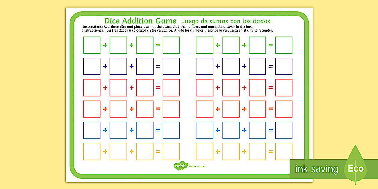 3 Dice Addition Game - English / Spanish - EAL,Three Dice Addition Game