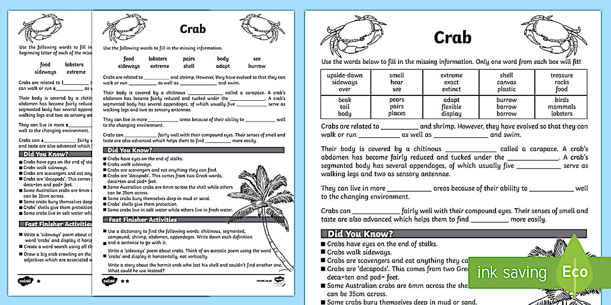 Australian Animals Years 3-6 Crabs Differentiated Cloze Passage Worksheet
