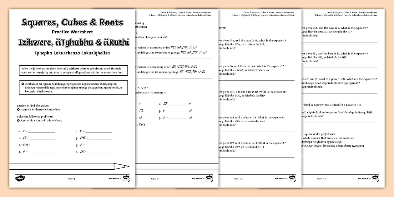 Gr 7 Squares, Cubes & Roots: Practice Worksheet Xh/Eng CAPS